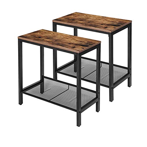 HOOBRO Side Tables, Set of 2 Narrow Nightstands, Industrial End Table with Flat or Slant Adjustable Mesh Shelf for Small Spaces, Stable Metal Frame and Easy Assembly, Rustic Brown and Black BF24BZ01