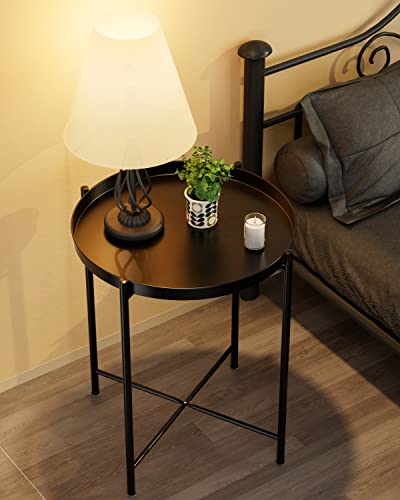 EKNITEY End Table,Folding Metal Side Table Waterproof Small Coffee Table Sofa Side Table with Removable Tray for Living Room Bedroom Balcony and Office