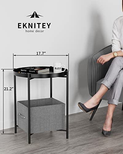 EKNITEY End Table,Folding Metal Side Table Waterproof Small Coffee Table Sofa Side Table with Removable Tray for Living Room Bedroom Balcony and Office