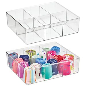 mdesign plastic 6 compartment dresser drawer divided organizer bin for scarves, socks, bras, hair ties, belts, underwear - closet shelf storage organization, lumiere collection, 2 pack, clear