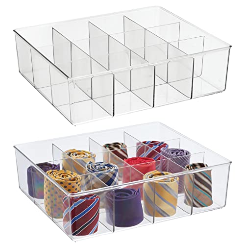 mDesign Plastic 12 Compartment Divided Drawer and Closet Storage Bin - Organizer for Scarves, Socks, Ties Bras, and Underwear - Dress Drawer, Shelf Organizer - Lumiere Collection - 2 Pack - Clear