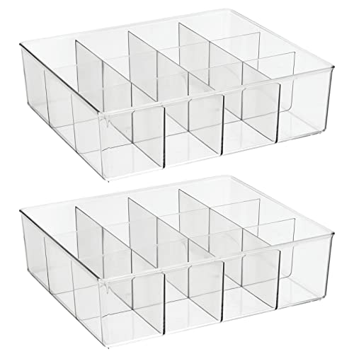 mDesign Plastic 12 Compartment Divided Drawer and Closet Storage Bin - Organizer for Scarves, Socks, Ties Bras, and Underwear - Dress Drawer, Shelf Organizer - Lumiere Collection - 2 Pack - Clear