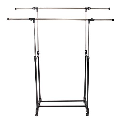 Simply-Me Clothes Garment Rack Rolling Portable Hanging Rack,Double Rail Adjustable Extendable Hanger Rail Stand Collapsible Clothing Rack Shelf with Lockable Wheel,Black & Silver