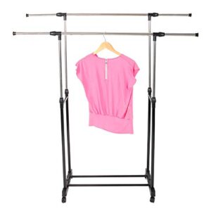 Simply-Me Clothes Garment Rack Rolling Portable Hanging Rack,Double Rail Adjustable Extendable Hanger Rail Stand Collapsible Clothing Rack Shelf with Lockable Wheel,Black & Silver