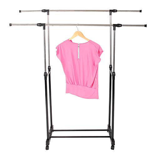 Simply-Me Clothes Garment Rack Rolling Portable Hanging Rack,Double Rail Adjustable Extendable Hanger Rail Stand Collapsible Clothing Rack Shelf with Lockable Wheel,Black & Silver