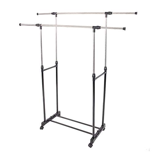 Simply-Me Clothes Garment Rack Rolling Portable Hanging Rack,Double Rail Adjustable Extendable Hanger Rail Stand Collapsible Clothing Rack Shelf with Lockable Wheel,Black & Silver