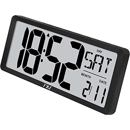 TXL Digital Wall Clock Large Display, Custom Alarm/Calendar/Count Up-Down Timer, Switchable Temp in F/C, 12/24Hr Desktop Day Clock, Battery Operated 14.17" Clock with 4.6" Digits for Gym Office-Black