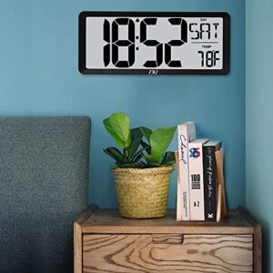 TXL Digital Wall Clock Large Display, Custom Alarm/Calendar/Count Up-Down Timer, Switchable Temp in F/C, 12/24Hr Desktop Day Clock, Battery Operated 14.17" Clock with 4.6" Digits for Gym Office-Black