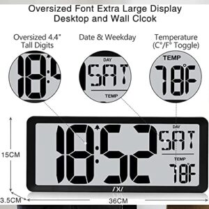 TXL Digital Wall Clock Large Display, Custom Alarm/Calendar/Count Up-Down Timer, Switchable Temp in F/C, 12/24Hr Desktop Day Clock, Battery Operated 14.17" Clock with 4.6" Digits for Gym Office-Black