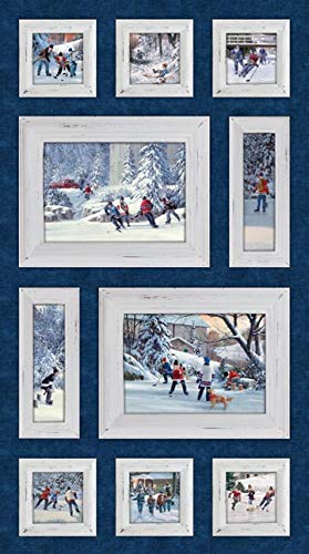 Northcott Hometown Hockey Panel 24 X 44 Blue with Snow Cotton Fabric 22908-49