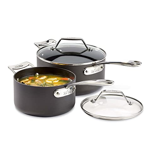 All-Clad Essentials Hard Anodized Nonstick 4 Piece Sauce Pan Set 2.5, 4 Quart Pots and Pans, Cookware Black