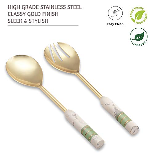 Folkulture Serving Spoons or Salad Servers for Modern Kitchen, Stainless Steel Serving Utensils - Spoon and Fork for Serving Salad, 12-inch Cooking Utensils Set with Marble Handle, Pearl White