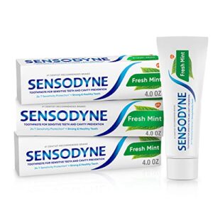 sensodyne fresh mint sensitive toothpaste, cavity prevention and sensitive teeth treatment - 4 ounces (pack of 3)