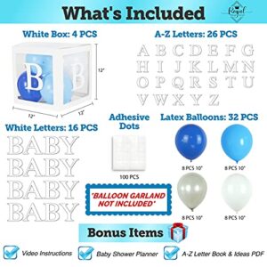 82PCS Baby Shower Decorations For Boy Kit - Jumbo Transparent Baby Block Balloon Box Includes BABY, Alphabet Letters DYI, White Gray Baby Blue Balloons, Gender Reveal Decor 1st Birthday Party Backdrop