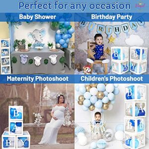 82PCS Baby Shower Decorations For Boy Kit - Jumbo Transparent Baby Block Balloon Box Includes BABY, Alphabet Letters DYI, White Gray Baby Blue Balloons, Gender Reveal Decor 1st Birthday Party Backdrop