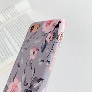 YeLoveHaw iPhone SE 2020 Case, iPhone 8 Case, iPhone 7 Case for Girls, Flexible Soft Slim Fit, Floral and Purple & Gray Leaves Pattern Cute Phone Case for iPhone8 / iPhone7 / iPhoneSE (Pink Flowers)