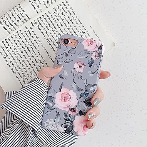 YeLoveHaw iPhone SE 2020 Case, iPhone 8 Case, iPhone 7 Case for Girls, Flexible Soft Slim Fit, Floral and Purple & Gray Leaves Pattern Cute Phone Case for iPhone8 / iPhone7 / iPhoneSE (Pink Flowers)