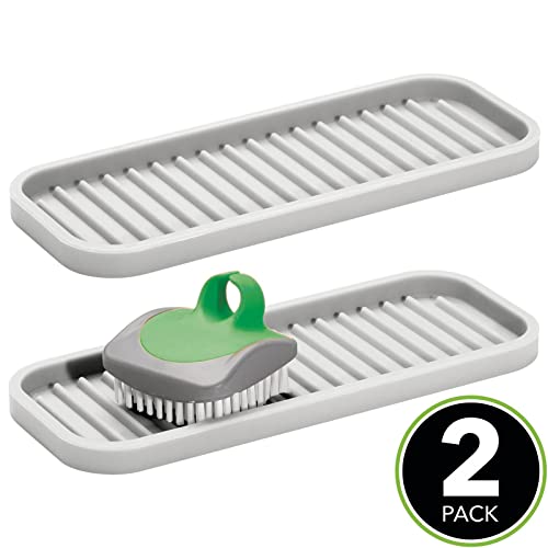 mDesign Durable Silicone Kitchen Sink Storage Organizer Tray - Holder for Sponges, Soap, Scrubbers - Ribbed Base, Quick Drying, Waterproof, Non-Slip - Linelle Collection - 2 Pack - Light Stone Gray