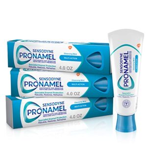 sensodyne pronamel multi-action sls free toothpaste for sensitive teeth, to reharden and strengthen enamel, cleansing mint - 4 ounces (pack of 3)