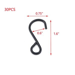 T Tulead 30PCS S-Hooks Small Metal Hooks 1.6" Outdoor Black Hooks for Bedroom,Bathroom,Kitchen,Office