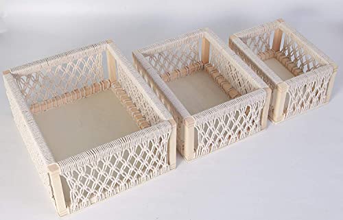 Macrame Storage Baskets for Shelves and Closet, Boho Decorative Boxes for Home Decor, Perfect Pampas Grass Holder at Living Room(White, Set of 3)