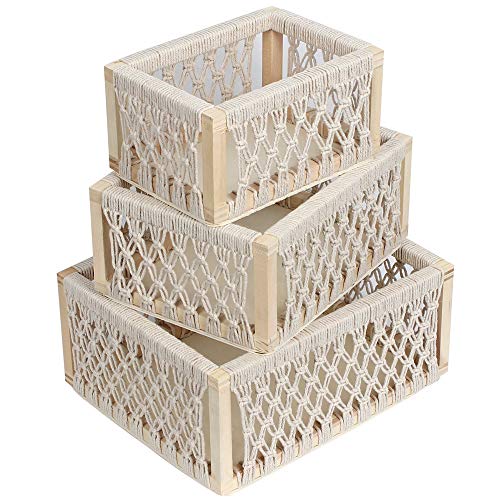 Macrame Storage Baskets for Shelves and Closet, Boho Decorative Boxes for Home Decor, Perfect Pampas Grass Holder at Living Room(White, Set of 3)