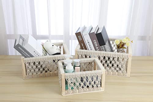 Macrame Storage Baskets for Shelves and Closet, Boho Decorative Boxes for Home Decor, Perfect Pampas Grass Holder at Living Room(White, Set of 3)