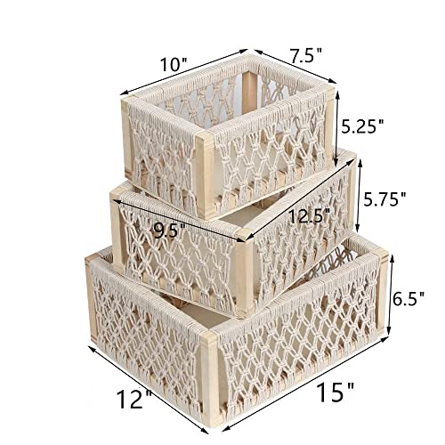 Macrame Storage Baskets for Shelves and Closet, Boho Decorative Boxes for Home Decor, Perfect Pampas Grass Holder at Living Room(White, Set of 3)