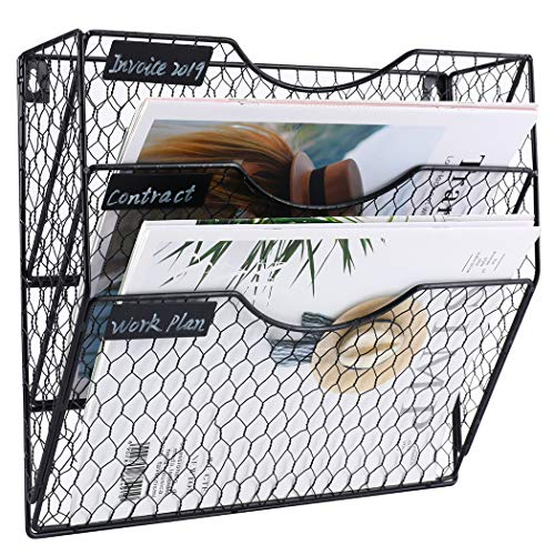 PAG Wall File Holder Hanging Mail Organizer Metal Chicken Wire Wall Mount Magazine Rack, 3-Tier, Black