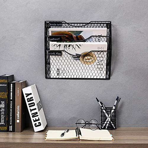 PAG Wall File Holder Hanging Mail Organizer Metal Chicken Wire Wall Mount Magazine Rack, 3-Tier, Black