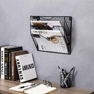 PAG Wall File Holder Hanging Mail Organizer Metal Chicken Wire Wall Mount Magazine Rack, 3-Tier, Black