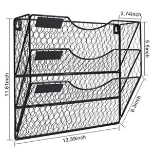 PAG Wall File Holder Hanging Mail Organizer Metal Chicken Wire Wall Mount Magazine Rack, 3-Tier, Black