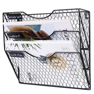 PAG Wall File Holder Hanging Mail Organizer Metal Chicken Wire Wall Mount Magazine Rack, 3-Tier, Black