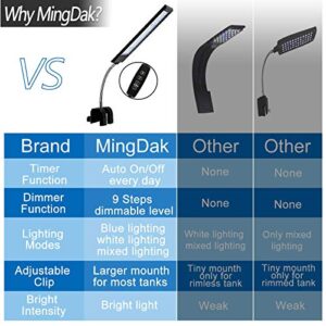 MingDak Fish Tank Clip on Light with Inline Timer, Clamp Aquarium Light with White & Blue LEDs, 3 Lighting Modes, Dimmable, 7W, 18 LEDs