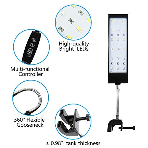 MingDak Fish Tank Clip on Light with Inline Timer, Clamp Aquarium Light with White & Blue LEDs, 3 Lighting Modes, Dimmable, 7W, 18 LEDs