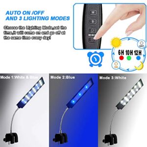 MingDak Fish Tank Clip on Light with Inline Timer, Clamp Aquarium Light with White & Blue LEDs, 3 Lighting Modes, Dimmable, 7W, 18 LEDs