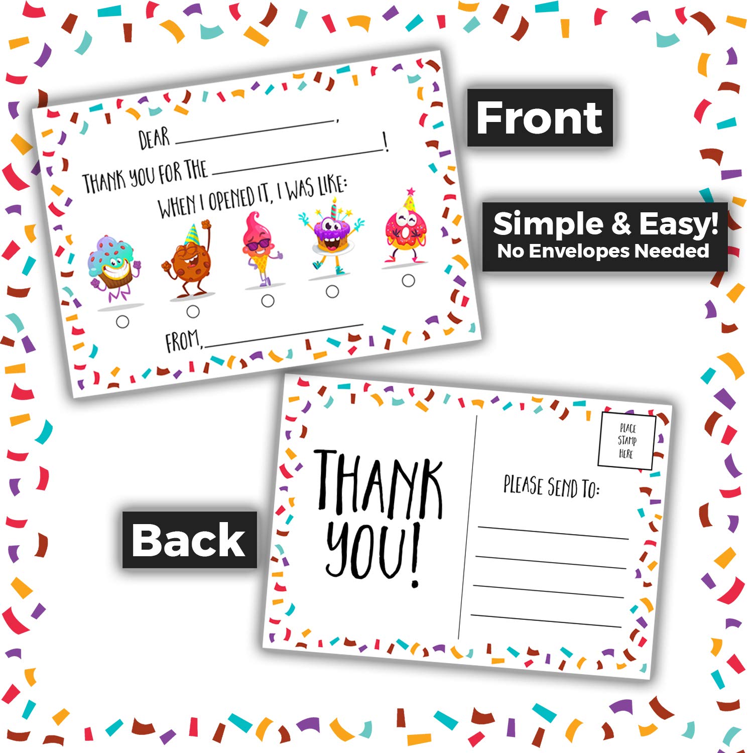 Kids Fill in the Blank Thank You Postcards - 25 Card Set - Fun Gender Neutral Thank You Notes For Boys or Girls