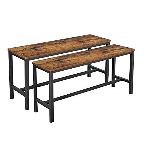 VASAGLE Dining Bench, Pair of 2, Industrial Style, Steel Frame, for Kitchen, Living Room, 12.8 x 42.5 x 19.7 Inches, Rustic Brown + Black