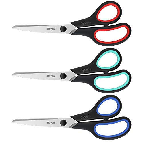 Scissors All Purpose, iBayam 8" Heavy Duty Scissors Bulk 3-Pack, 2.5mm Thickness Ultra Sharp Blade Shears with Comfort-Grip Handles for Office Home School Sewing Fabric Craft Supplies, Right/Left Hand