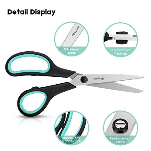 Scissors All Purpose, iBayam 8" Heavy Duty Scissors Bulk 3-Pack, 2.5mm Thickness Ultra Sharp Blade Shears with Comfort-Grip Handles for Office Home School Sewing Fabric Craft Supplies, Right/Left Hand