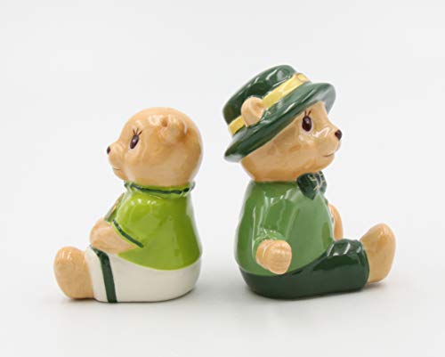 Fine Ceramic Irish St. Patrick Teddy Bear with Shamrock Prints Design Salt & Pepper Shakers Set, 3-1/2"