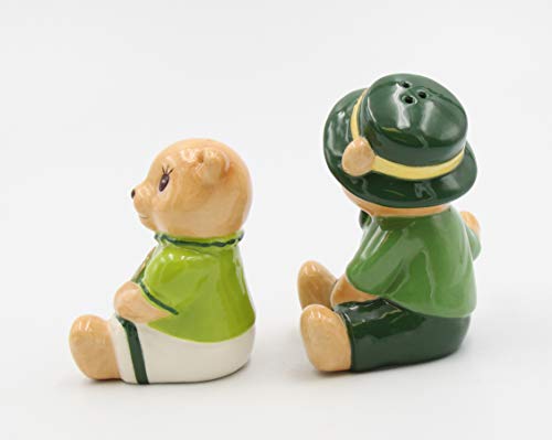 Fine Ceramic Irish St. Patrick Teddy Bear with Shamrock Prints Design Salt & Pepper Shakers Set, 3-1/2"