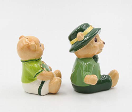 Fine Ceramic Irish St. Patrick Teddy Bear with Shamrock Prints Design Salt & Pepper Shakers Set, 3-1/2"