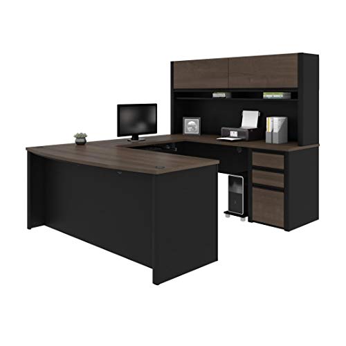 Bestar Connexion U-Shaped Executive Desk with Pedestal and Hutch, 72W, Antigua & Black