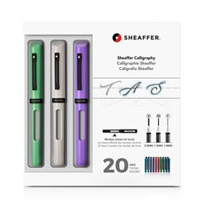 sheaffer calligraphy maxi kit with neo-mint, white, and lavender pens and assorted nibs and inks