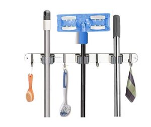 16" mop and broom holder organizer, stainless steel wall mount hanger, mounted tool rack organizer, closet broom holder, ideal broom hanger for kitchen, courtyard, garden,storage (3 racks 4 hooks)