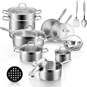 duxtop professional stainless steel pots and pans set, 18-piece induction cookware set, saucepan with pour spout and strainer lid, impact-bonded technology