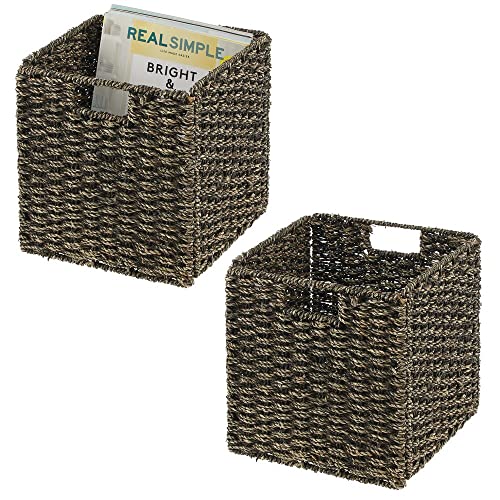 mDesign Seagrass Woven Cube Bin Basket Organizer with Handles - Storage for Bedroom, Home Office, Living Room, Bathroom, Shelf/Cubby Organization, Hold Blankets, Magazines, Books - 2 Pack, Black Wash