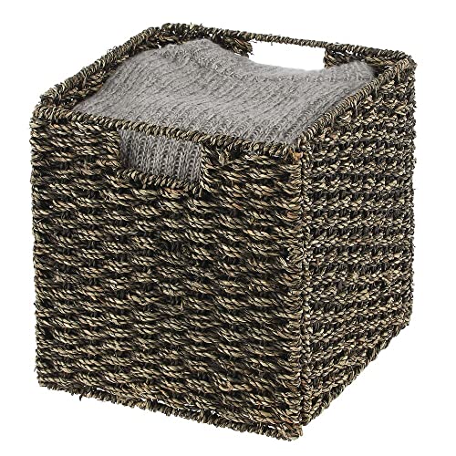 mDesign Seagrass Woven Cube Bin Basket Organizer with Handles - Storage for Bedroom, Home Office, Living Room, Bathroom, Shelf/Cubby Organization, Hold Blankets, Magazines, Books - 2 Pack, Black Wash