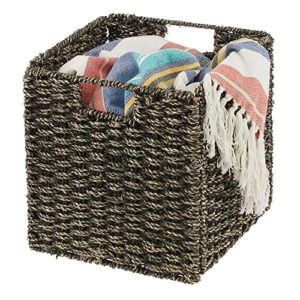 mDesign Seagrass Woven Cube Bin Basket Organizer with Handles - Storage for Bedroom, Home Office, Living Room, Bathroom, Shelf/Cubby Organization, Hold Blankets, Magazines, Books - 2 Pack, Black Wash